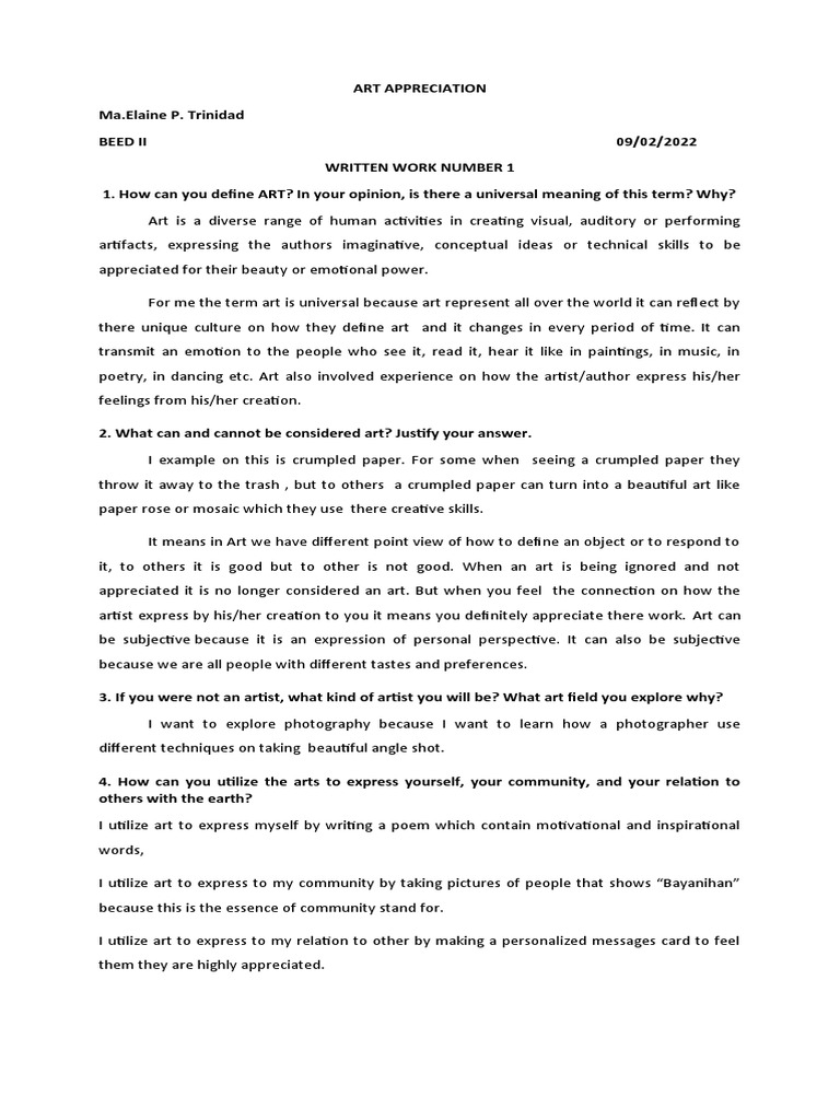 Written Work Activity 1 | PDF | The Arts | Cognition