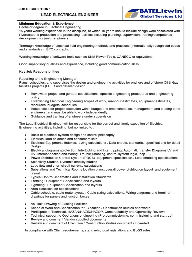 Lead Electrical Engineer Job Description | PDF | Specification ...