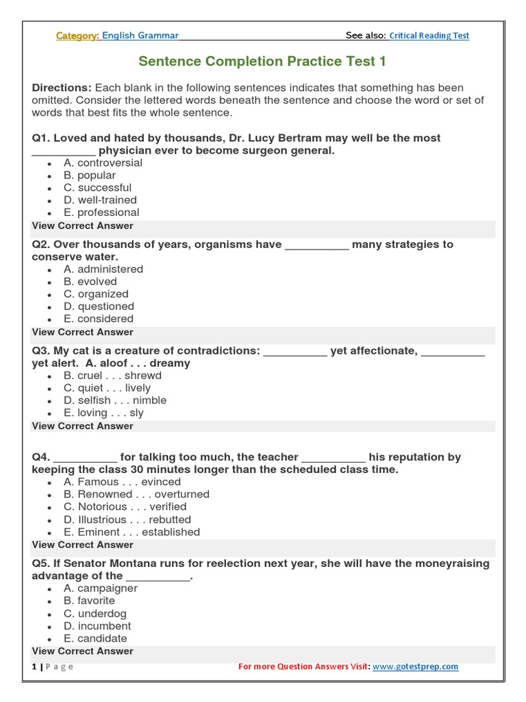 Sentence Completion Practice | PDF
