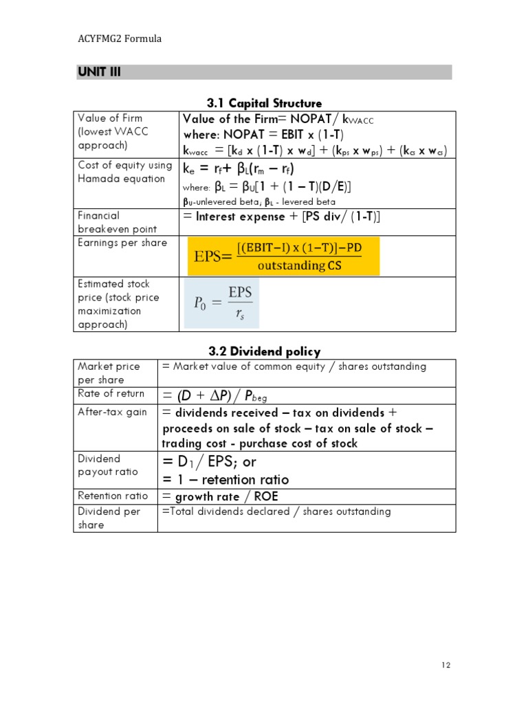 ACYFMG2 Formula Sheet (Unit III) | PDF