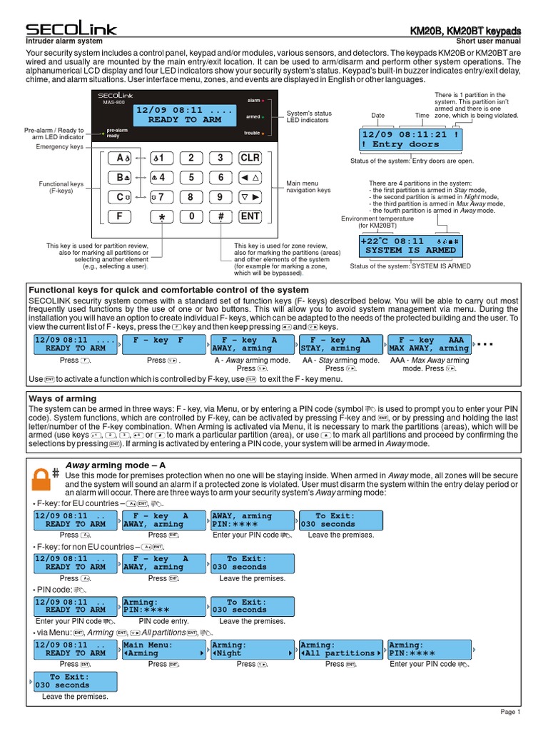 Keypad Km20b, Km20bt - en Sum Km20x KF v26 | PDF | Security Alarm | Computing