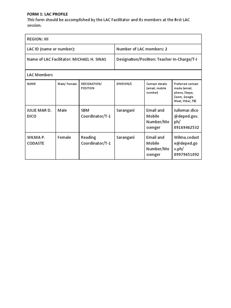 Form 1. LAC Profile | PDF