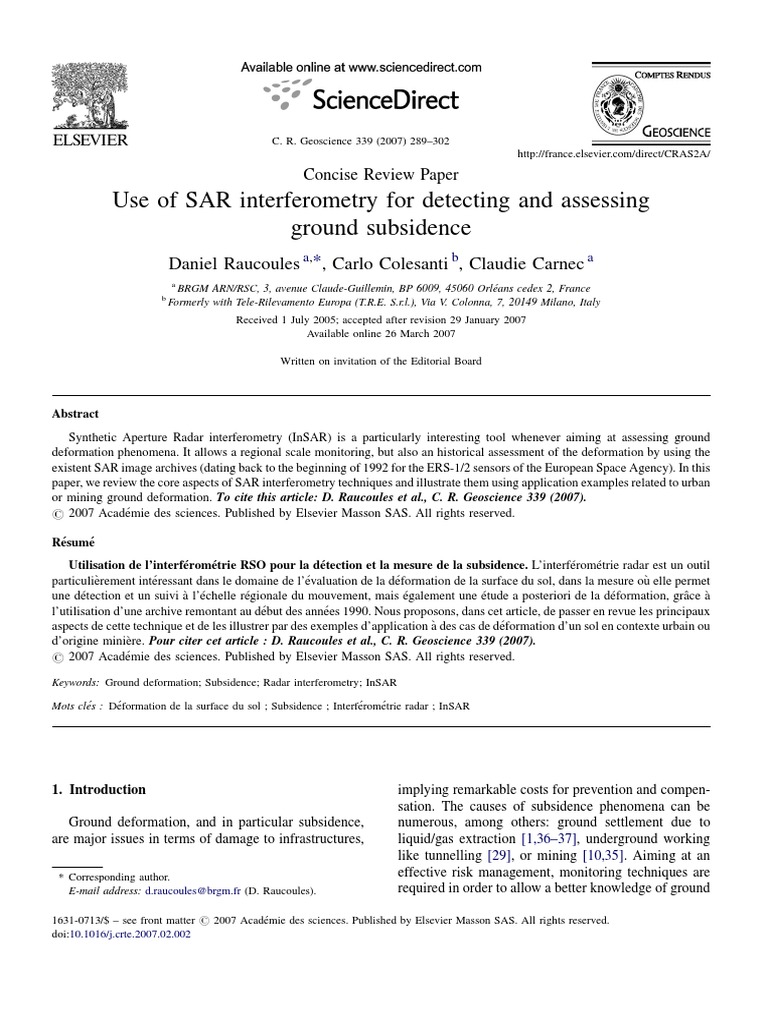 Use Of Sar Interferometry For Detecting And Assessing Ground Subsidence Pdf