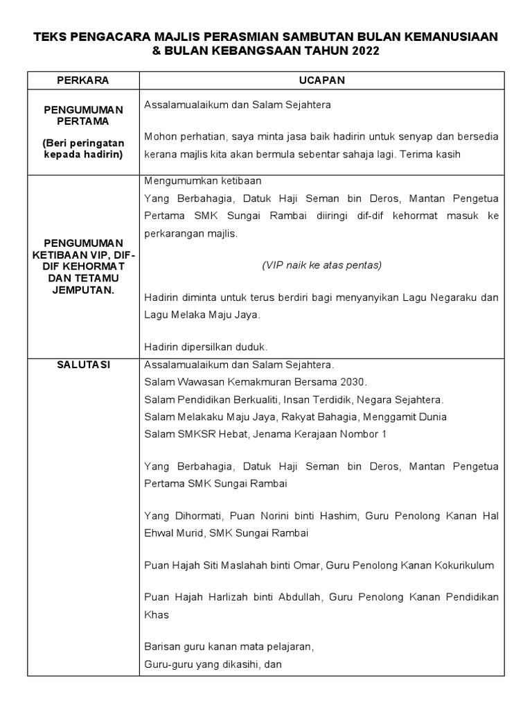 Teks Pengacara Majlis Perasmian Sambutan Bulan Kemanusiaan & Bulan ...