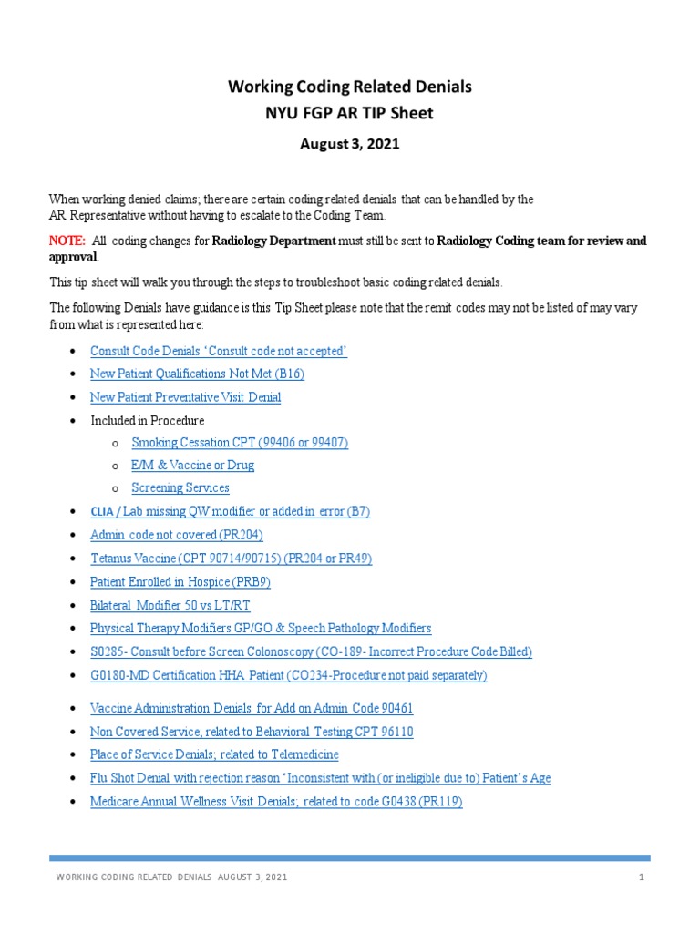 Coding Denial Tip Sheet - August 3 2021 | PDF | Medicare (United States ...