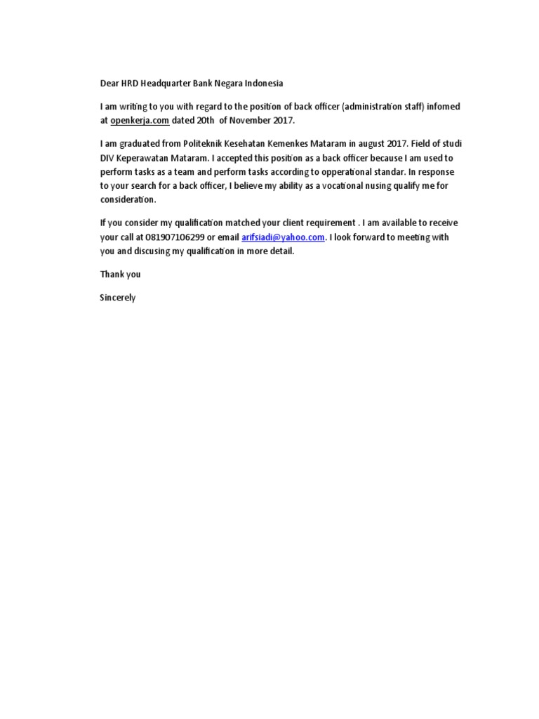 Dear HRD Headquarter Bank Negara Indonesia | PDF