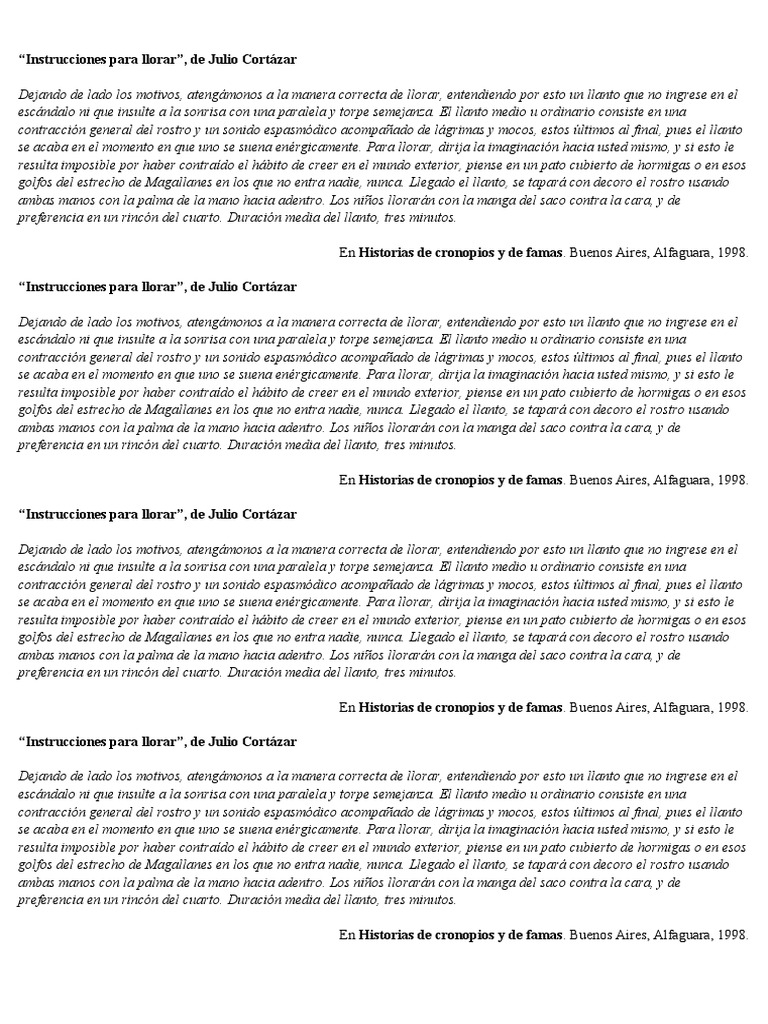 "Instrucciones para Llorar", de Julio Cortázar | PDF | Experiencia subjetiva | Las emociones