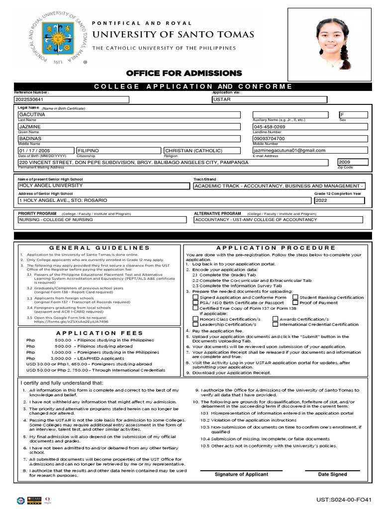 College Application and Conforme Form for Jazmine Gacutina Seeking ...