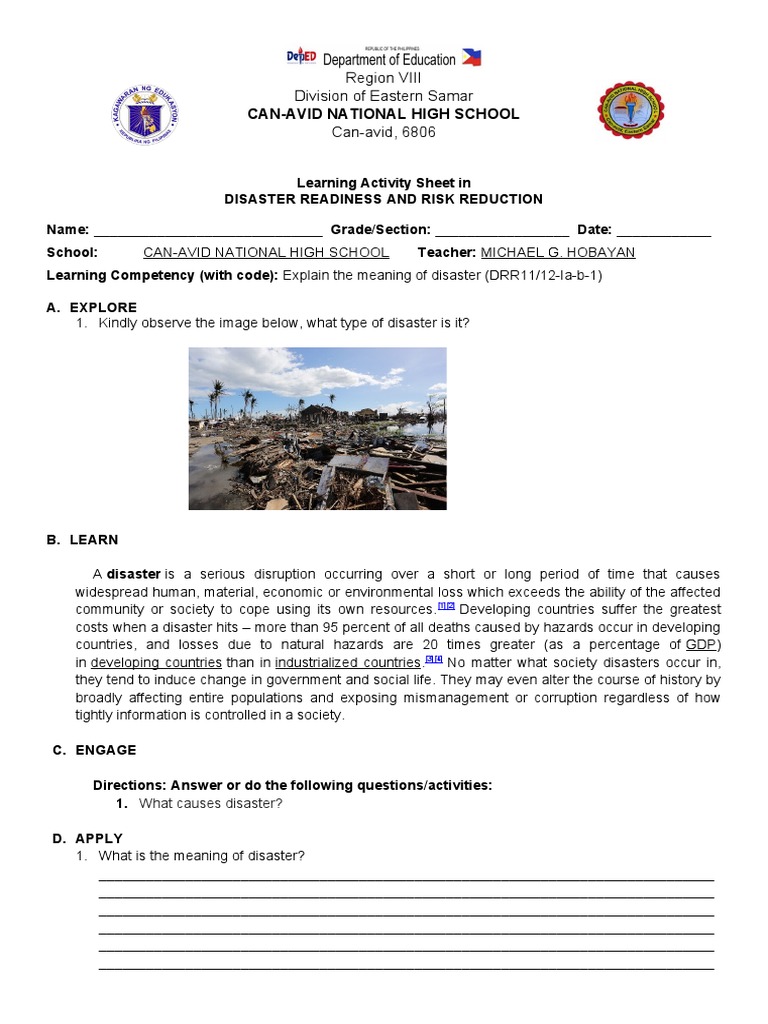 Learning Activity Sheet in Disaster Readiness and Risk Reduction | PDF ...