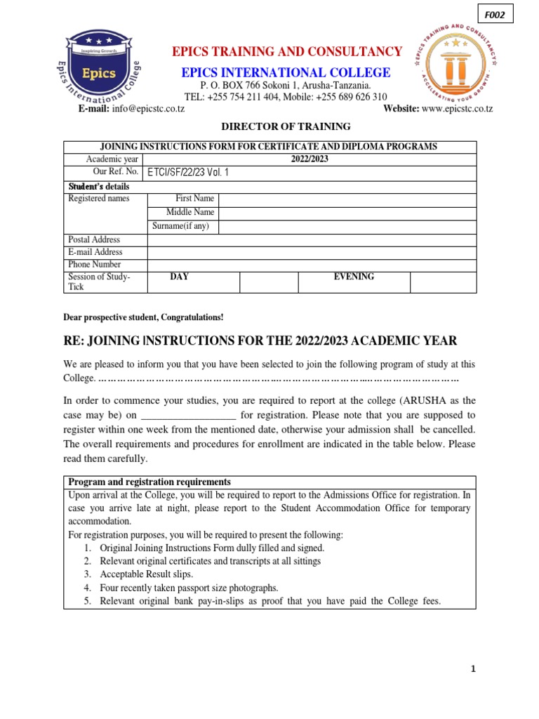 Joining-Instructions-Form-For-Certificate-And-Diploma-Programmes-2022-2023 New | PDF | Justice ...