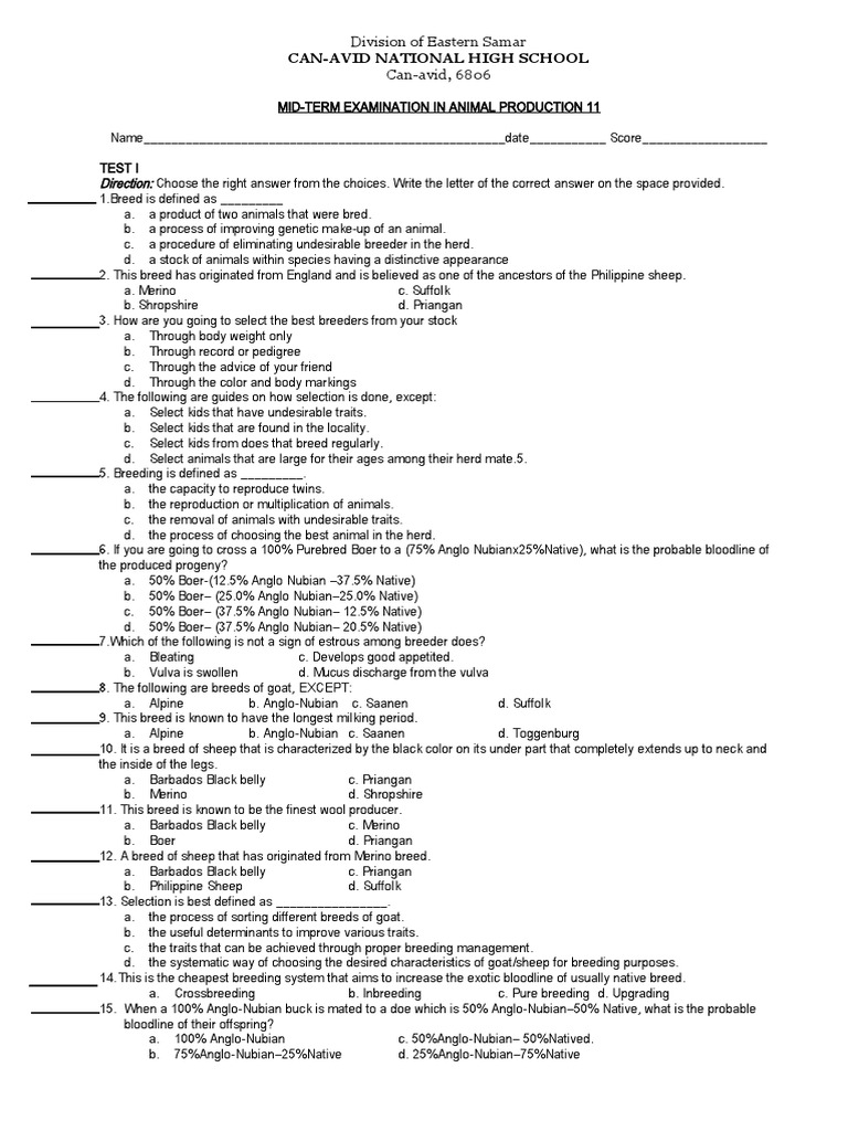 Mid-Term Examination in Animal Production 11 | PDF | Horse Breeding | Goat