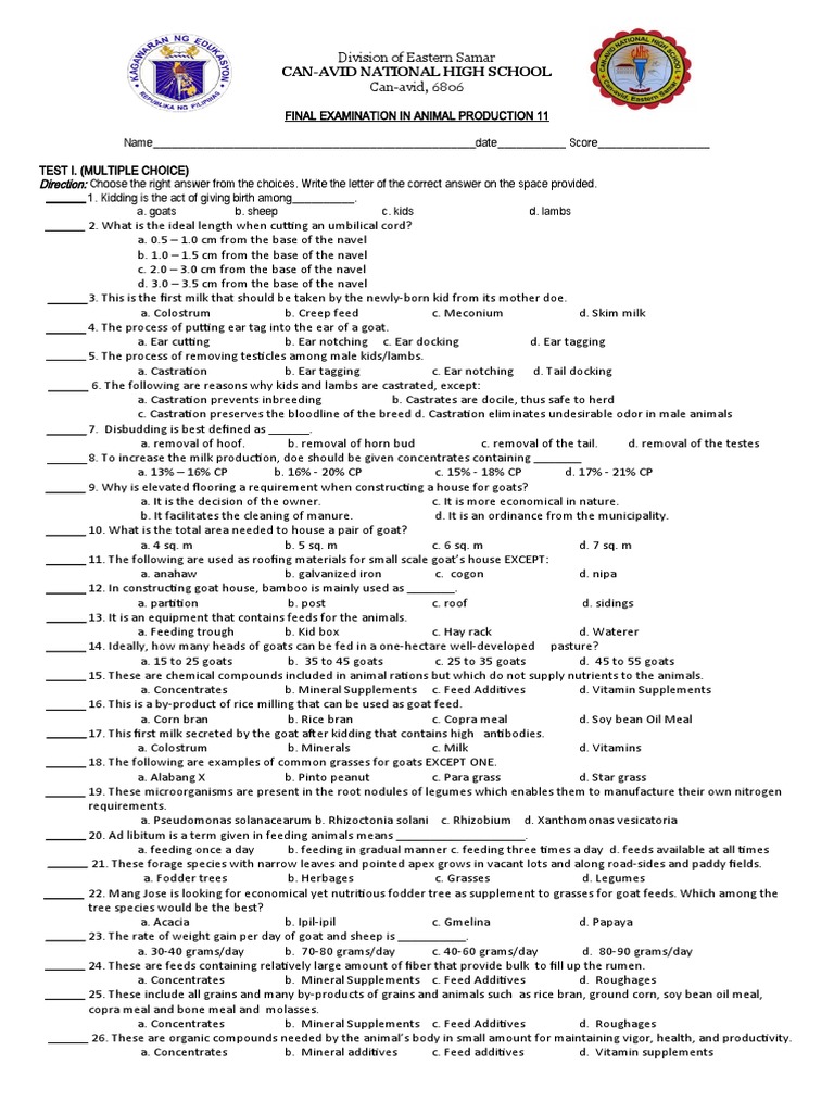 FINAL EXAMINATION (Animal Production 11) | PDF | Goat | Legume