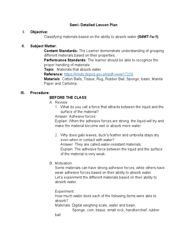 Lesson Plan: Water Absorption in Materials | PDF | Adhesion | Water