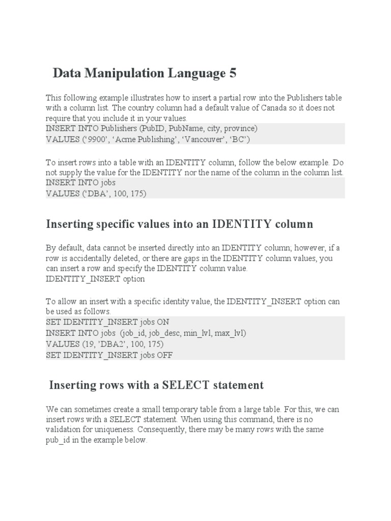 SQL Data Manipulation Language Guide | PDF | Computer Data | Data ...