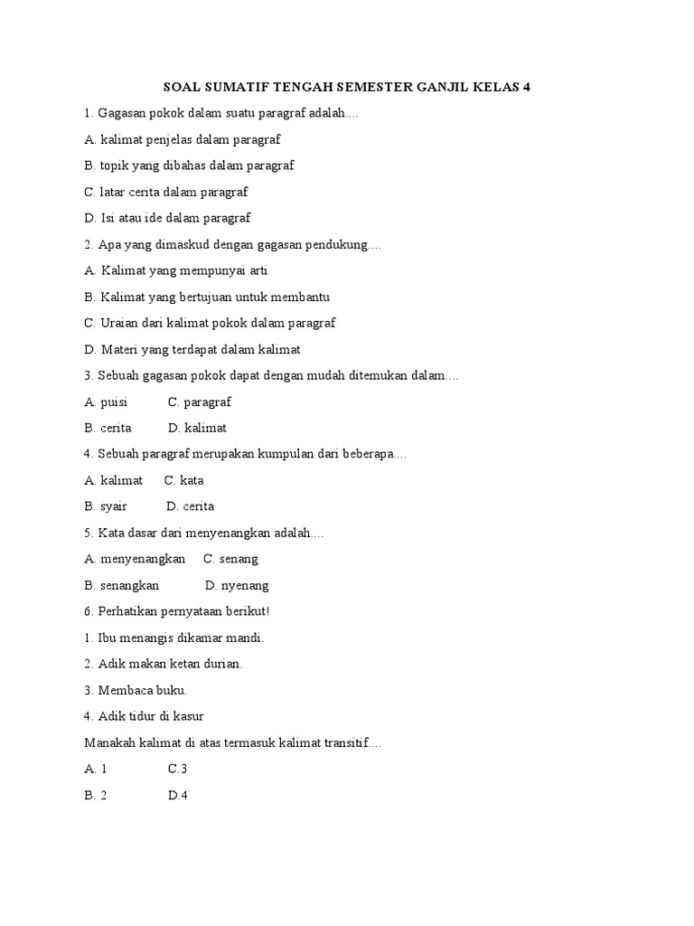 SOAL SUMATIF TENGAH SEMESTER GANJIL KELAS 4 Bind-1 | PDF