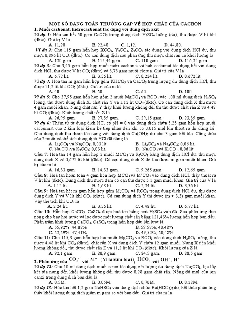 MỘT SỐ DẠNG TOÁN THƯỜNG GẶP VỀ HỢP CHẤT CỦA CACBON 11S | PDF