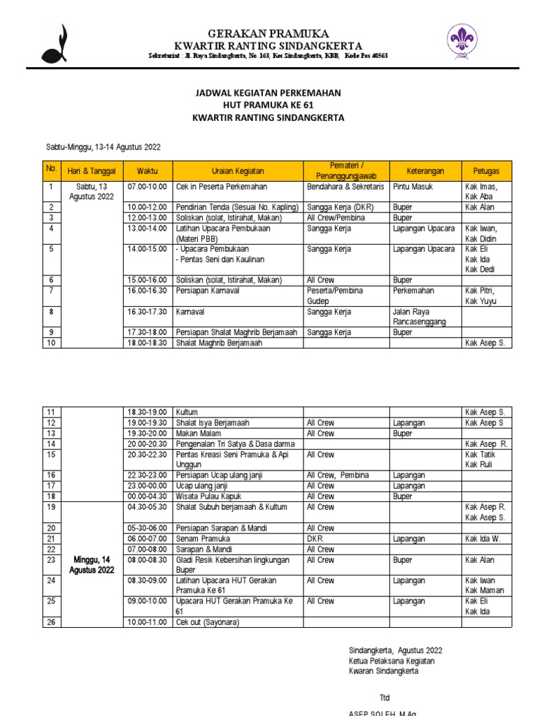 Jadwal Perkemahan Pramuka HUT 61 | PDF