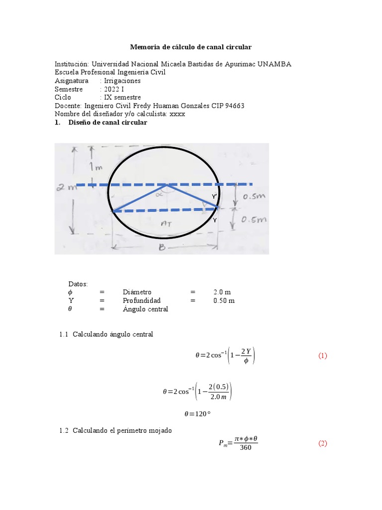 Memoria de Calculo de Canal Circular | PDF | Ingeniería | Ingeniero civil