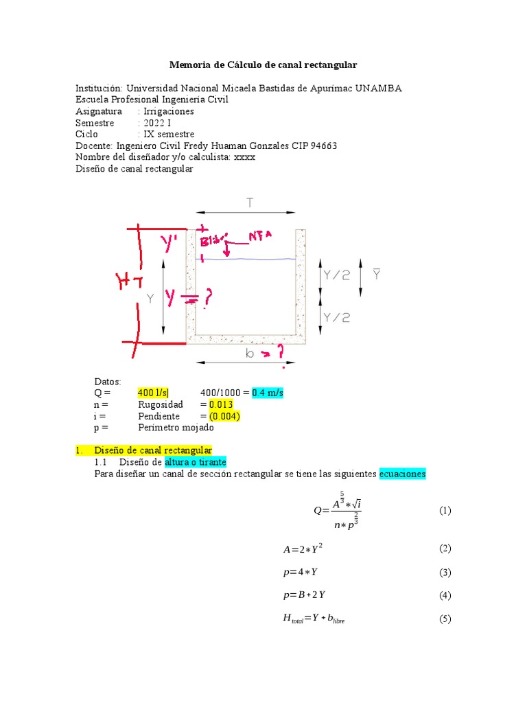 Memoria de Calculo de Canal Rectangular | PDF | Ingeniería | Ingeniero civil