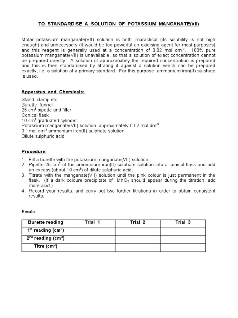 Standardizing Potassium Manganate(VII) Solution | PDF