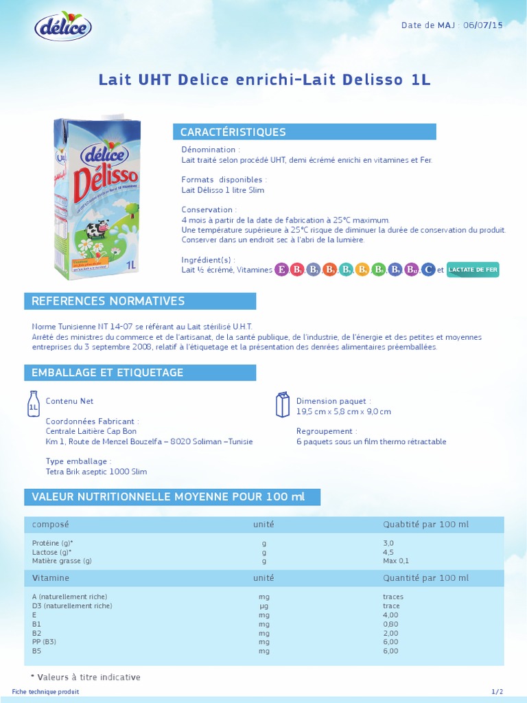Lait Delice Delisso 1l | PDF | Information nutritionnelle | Lait