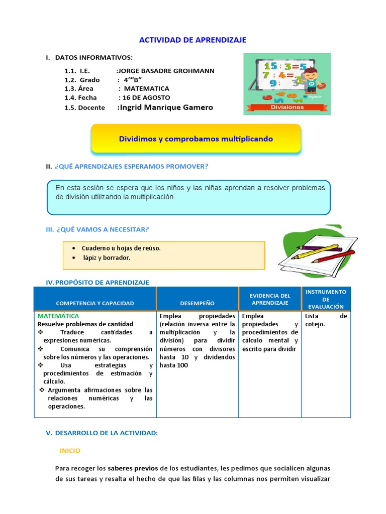 D2 SESION Dividimos y Comprobamos Multiplicando | PDF | Multiplicación | Aprendizaje