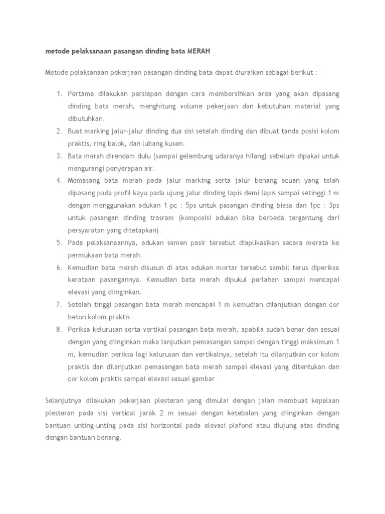 Metode Pelaksanaan Pasangan Dinding Bata MERAH | PDF