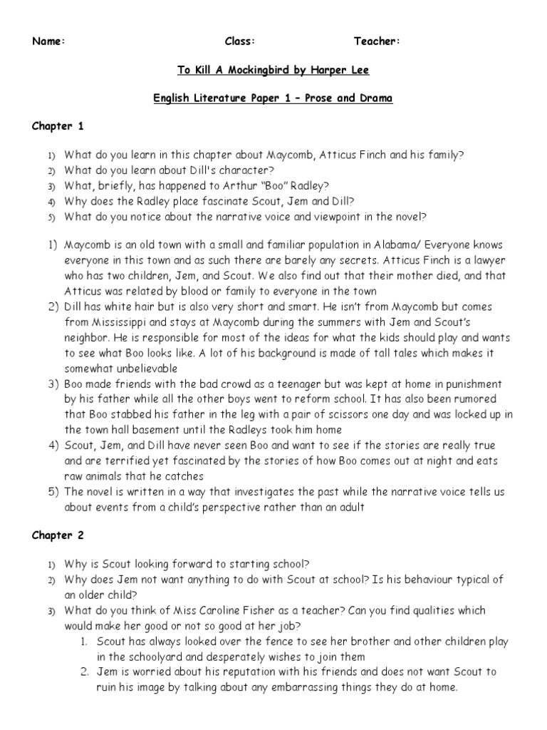 To Kill A Mockingbird - Summer Reading and Comprehension | PDF | To ...