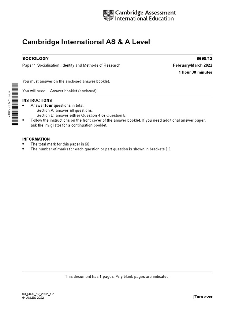 Cambridge International AS & A Level: 9699/12 Sociology | PDF ...