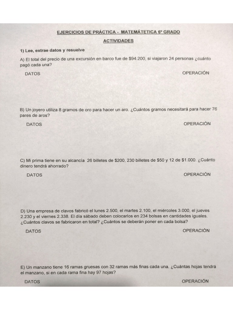 PDF Ejerc. Práct. Matemática 6° | PDF