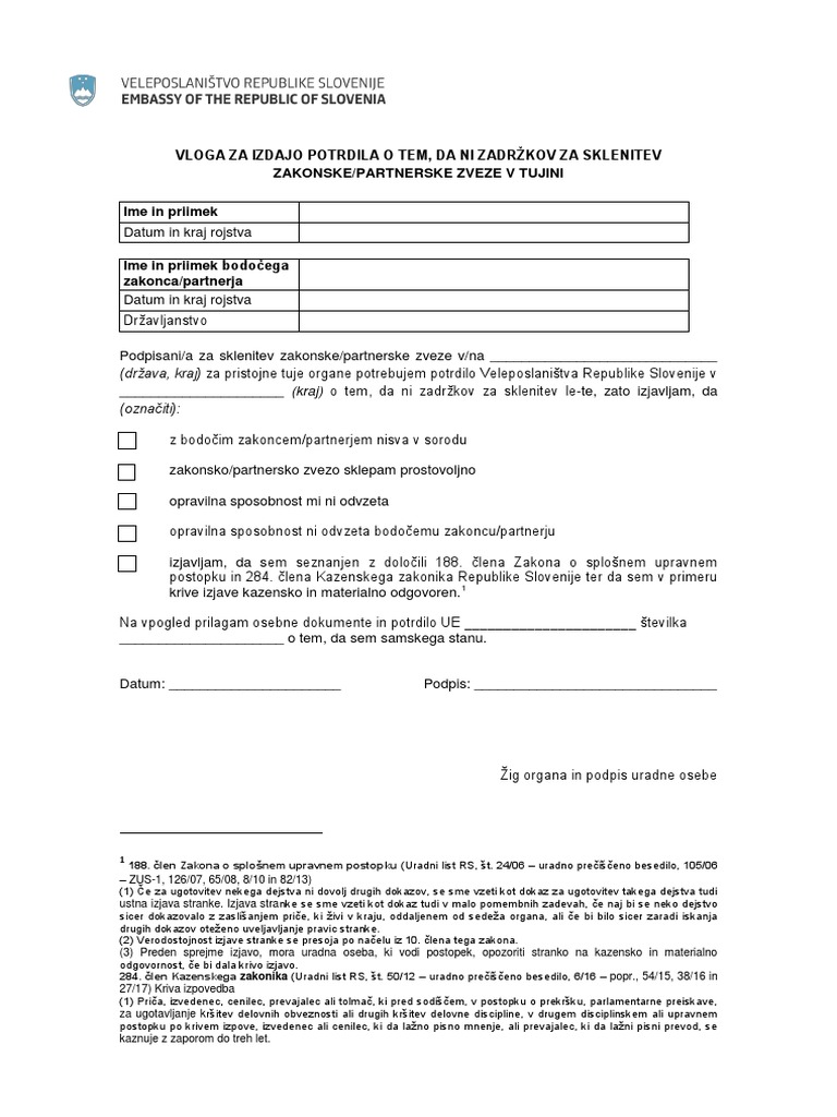 Vloga Nulla Osta | PDF