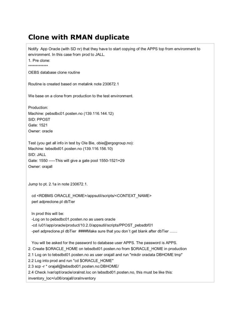 Clone With RMAN Duplicate-Innor | PDF | Oracle Database | System Software Clone With RMAN Duplicate-Innor | PDF | Oracle Database | System Software