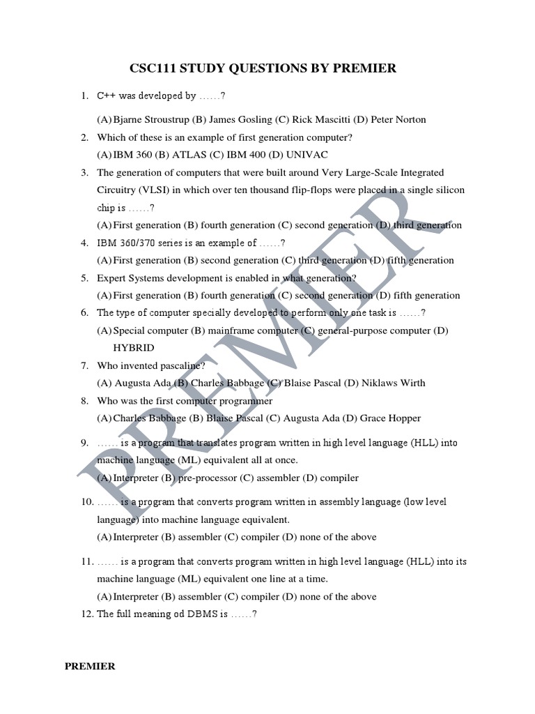 CSC111 Study Questions by Premier.-1 | PDF | Computer Program | Programming