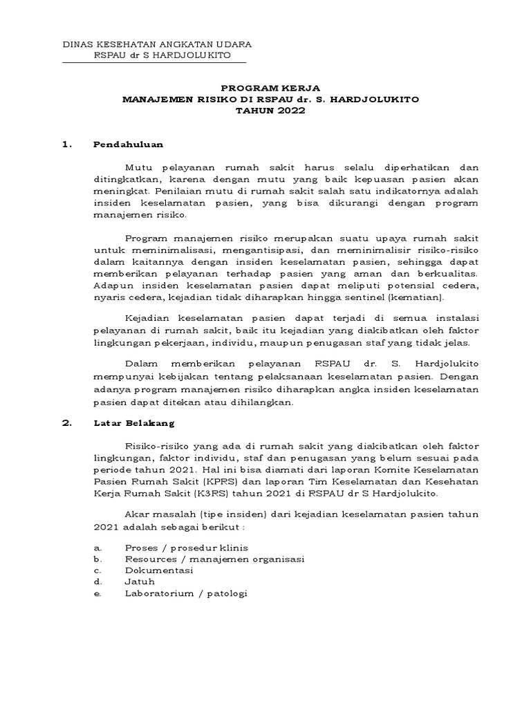 PMKP 11 Ep 1 (Program Kerja Manajemen Risiko Tahun 2022 PDF | PDF