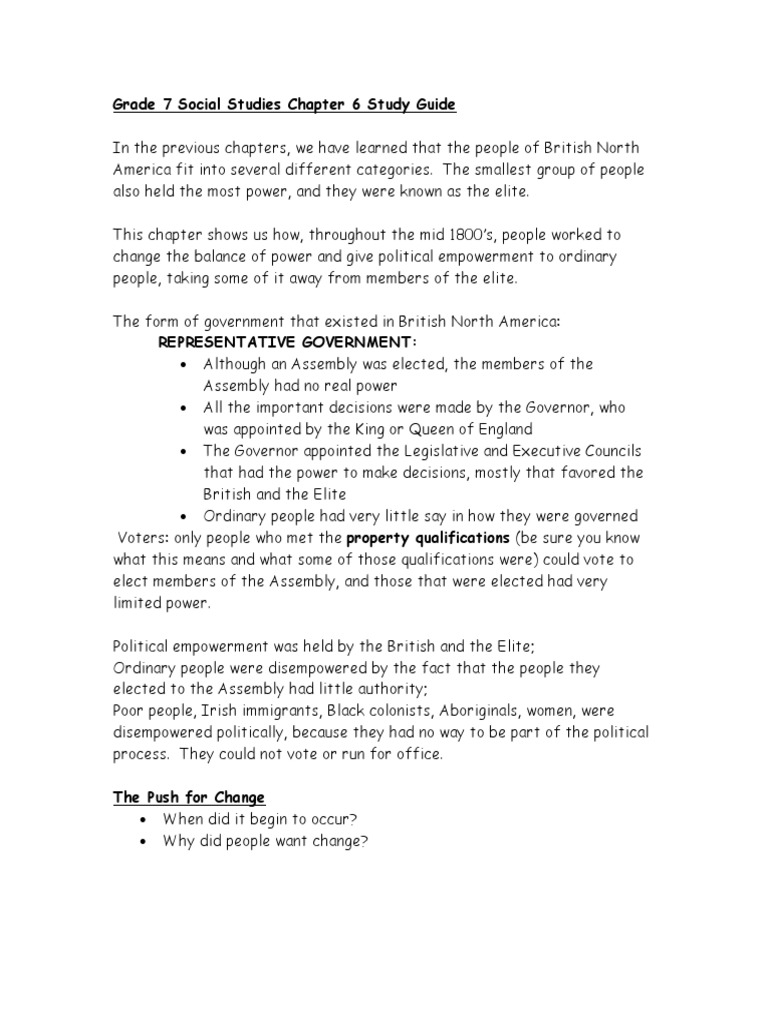 Grade 7 Social Studies Chapter 6 Guide | PDF | British Empire | Government