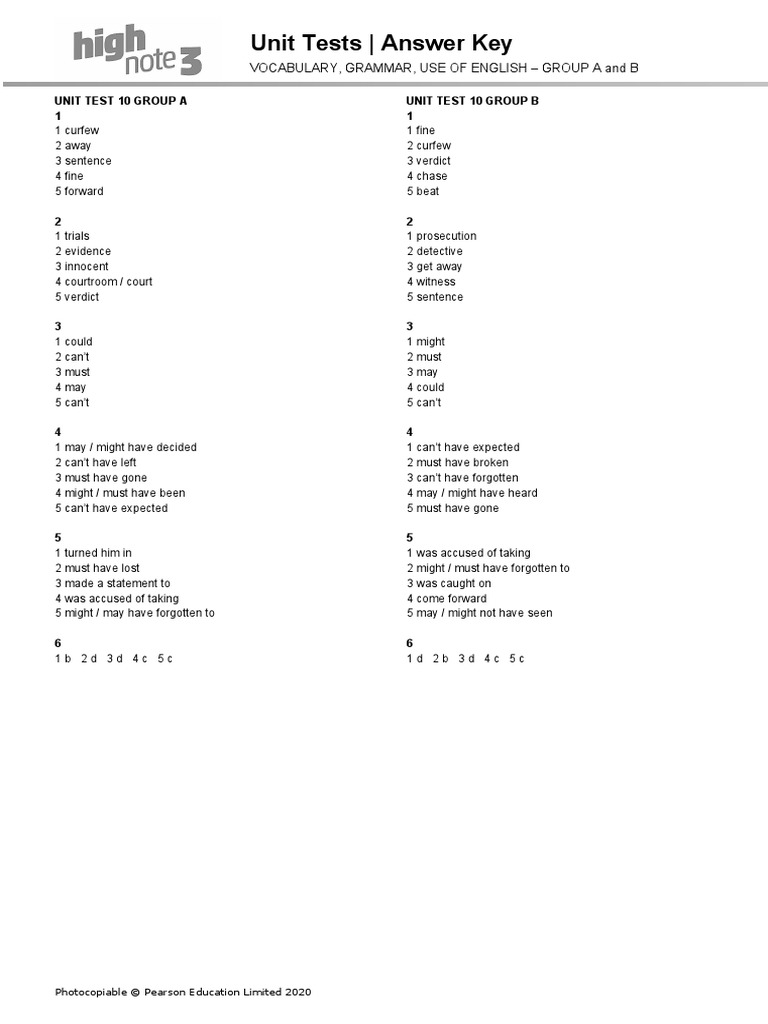 HighNote3 Unit Language Test Unit10 GroupA B ANSWERS | PDF