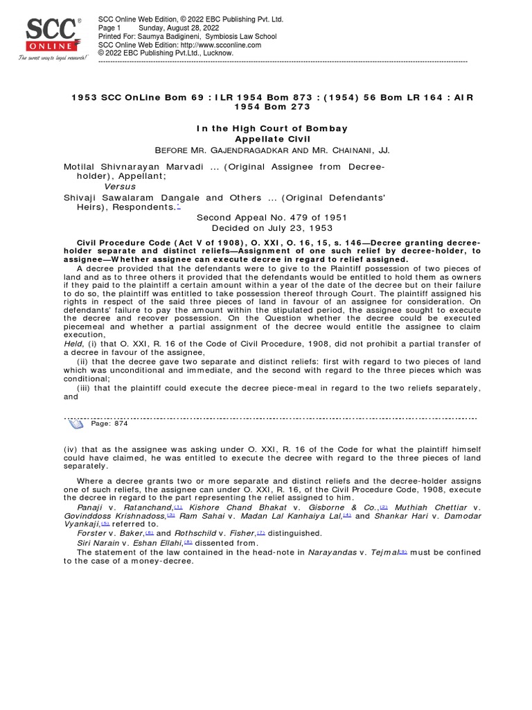 Partial Execution of Decree Motilal Shivnarayan Marvadi v. Shivaji Sawalaram Dangale, 1953 SCC ...