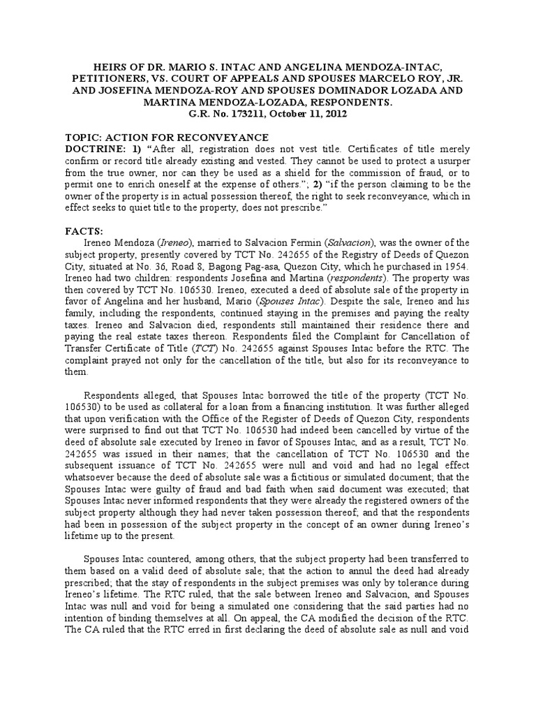 Week 3 - Heirs of Dr. Mario S. Intac and Angelina Mendoza-Intac vs ...