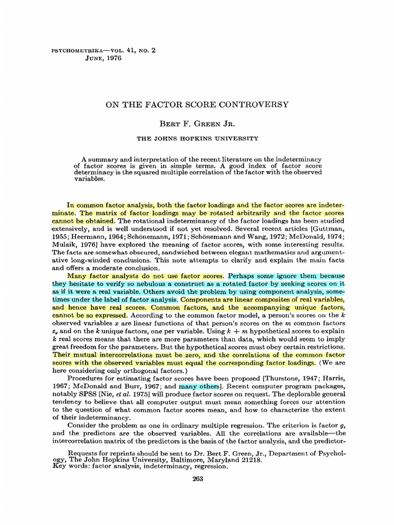 Green, B. F. (1976) - On The Factor Score Controversy. Psychometrika ...