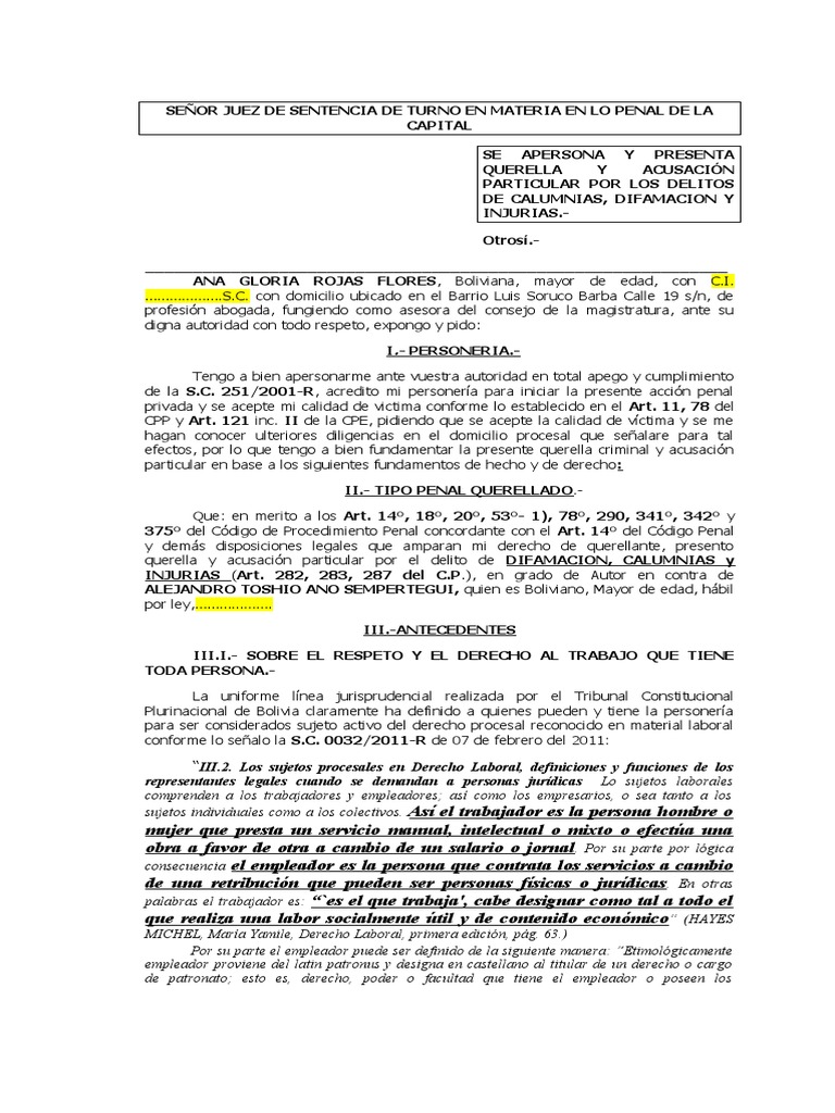 Querella Criminal Calumnia Injuria Gloria Rojas | PDF | Debido al ...