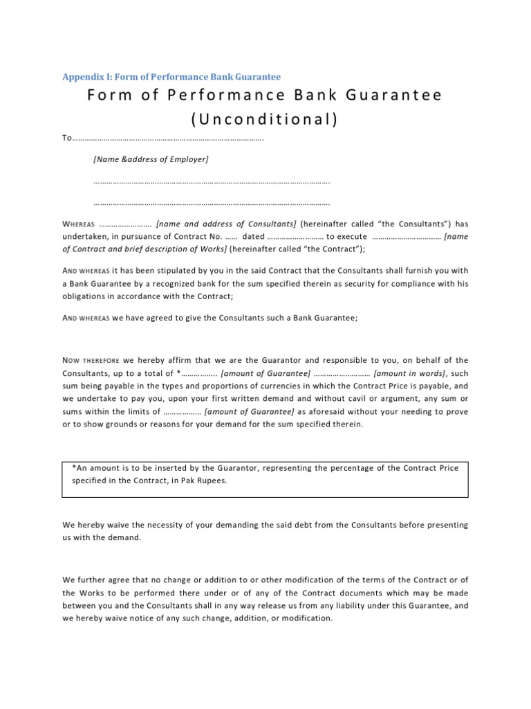 Appendix I Performance Bank Guarantee | PDF | Guarantee | Common Law