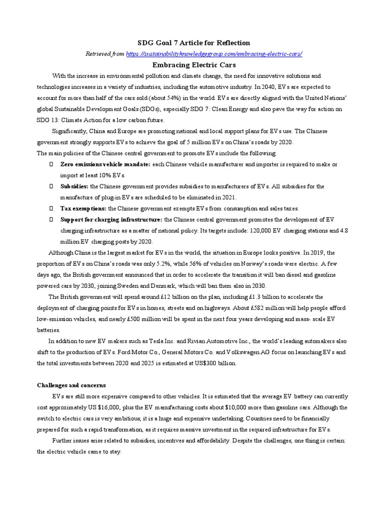 SDG Goal 7 Article For Reflection | PDF | Electric Vehicle | Electric Car
