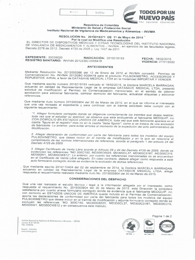 Registro Invima Oximetro Md300c2 | PDF