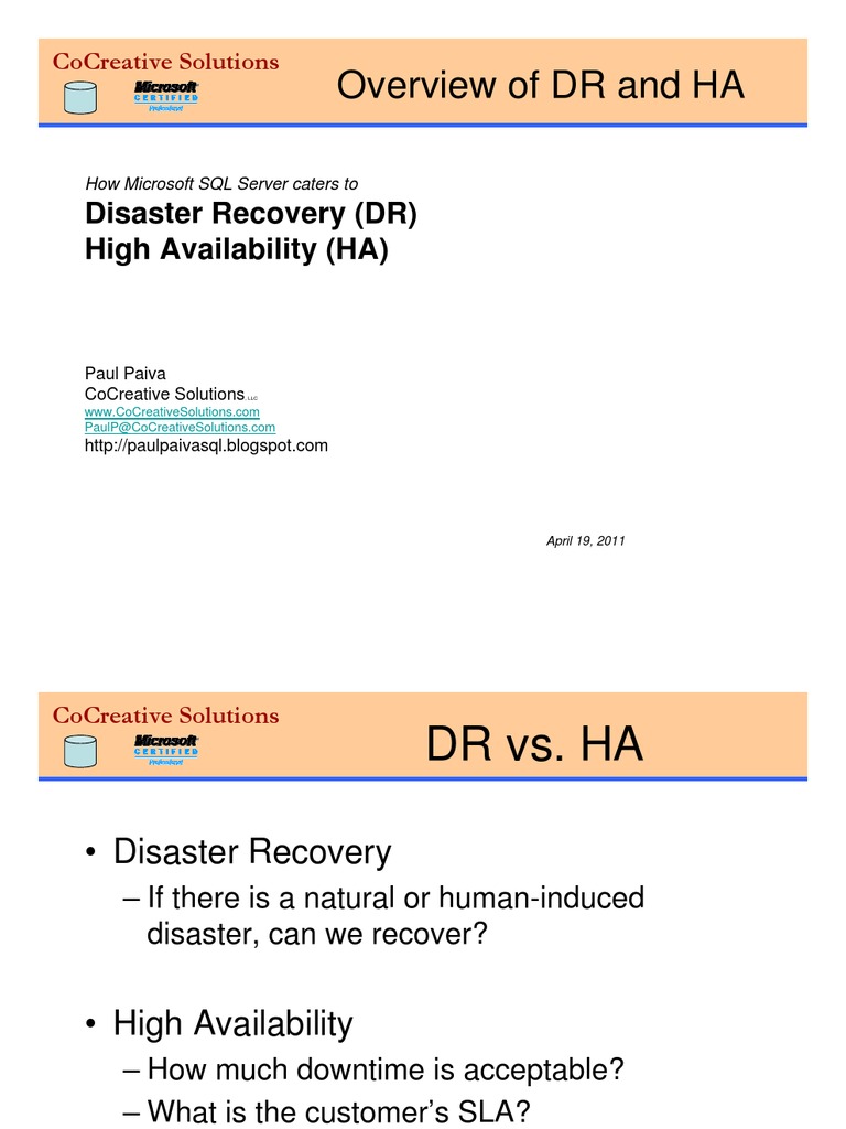 Disaster Recovery and High Availability, Overview of | PDF ...