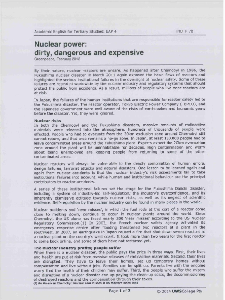 EAP4 Week 6 Thu F7b - Nuclear Power Dirty, Dangerous and Expensive | PDF