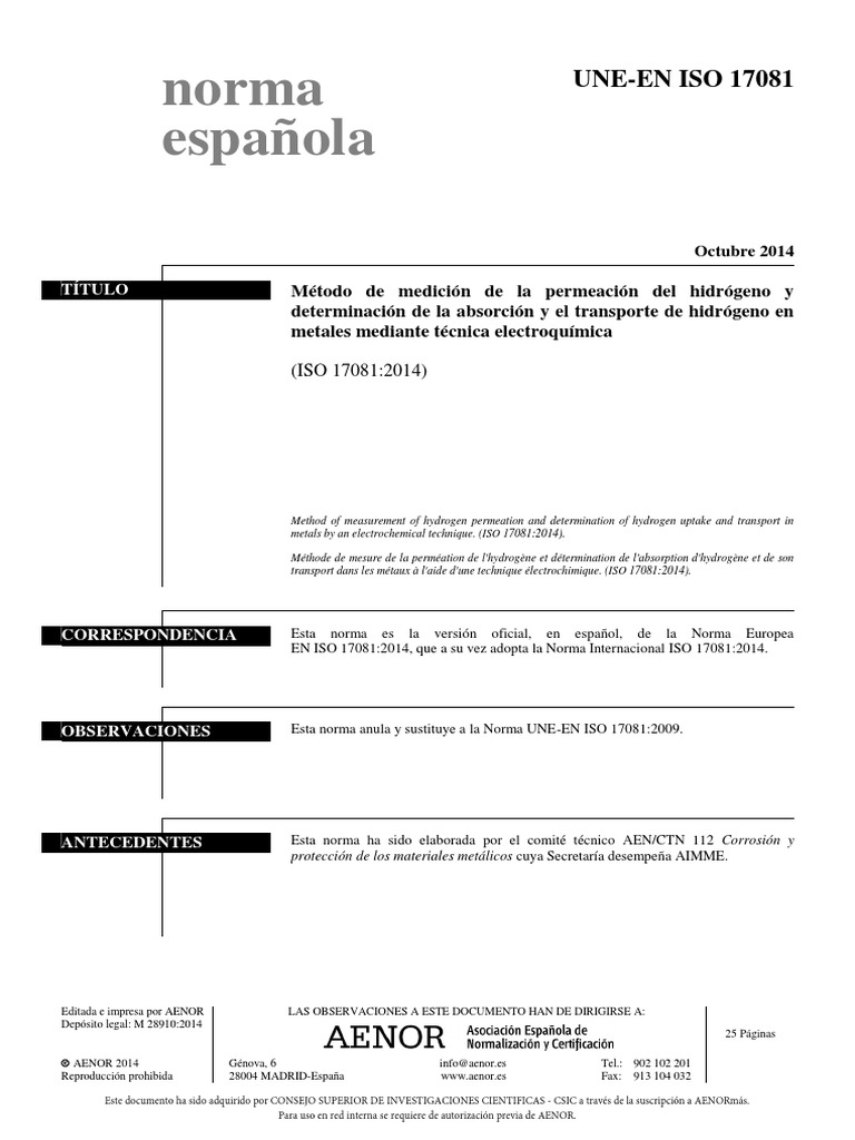 Une-En Iso 17081 - 2014 | PDF | Hidrógeno | Organización internacional para la estandarización