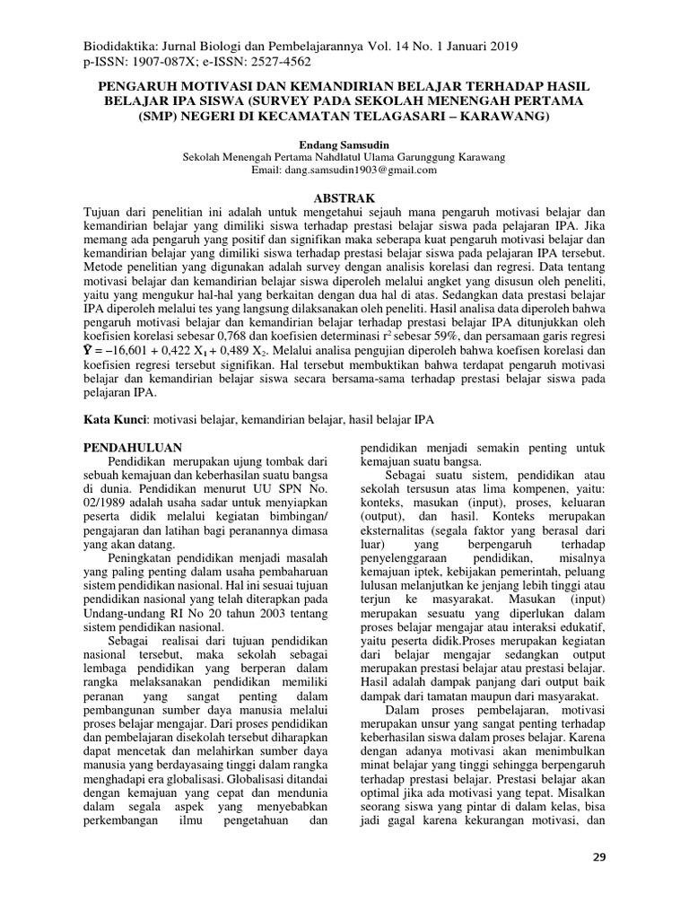 Jurnal PENGARUH MOTIVASI DAN KEMANDIRIAN BELAJAR TERHADAP HASIL BELAJAR IPA SISWA | PDF