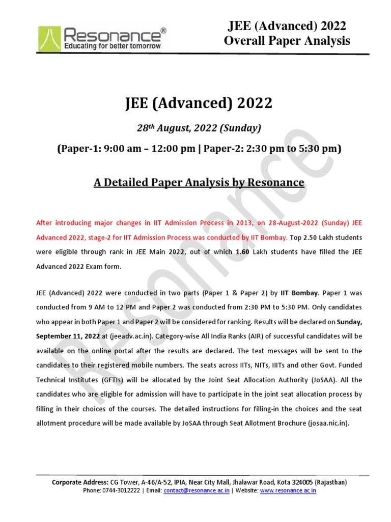 Jee Advanced 2022 Paper Analysis | PDF | Inorganic Chemistry | Chemical ...
