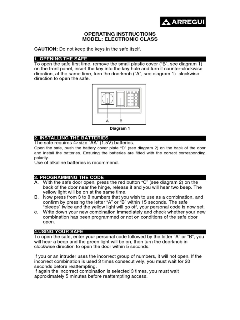 CLASS Electronic Safe Instructions | PDF