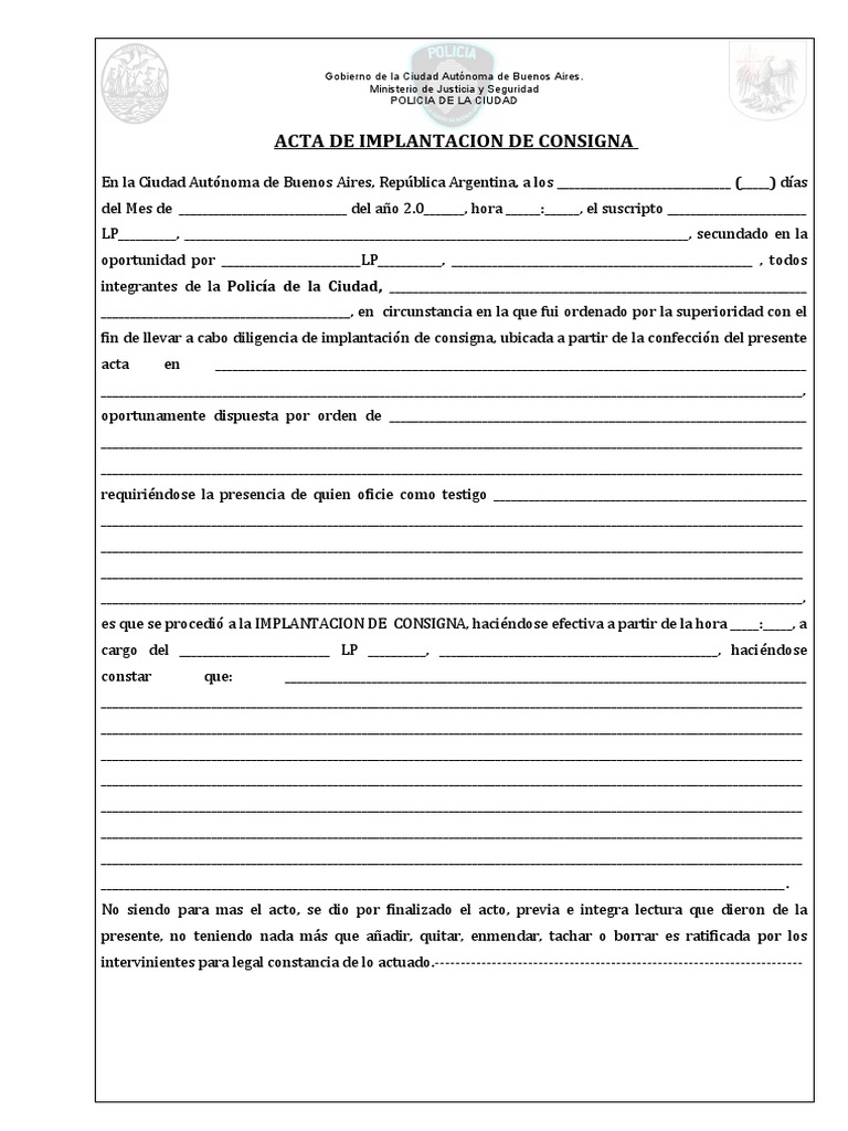 Acta Modelo Implantacion de Consigna A4-1 | PDF | Argentina | Buenos Aires